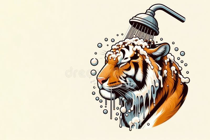 The Tiger Washes in the Shower. Space for Text. Stock Image - Image of ...