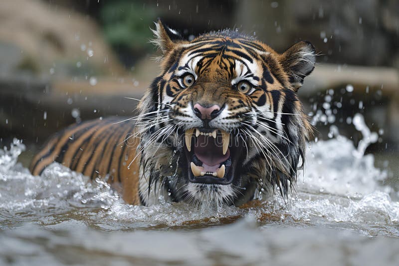 A Tiger in the Water, Showing Its Teeth and Fangs, with an Angry ...