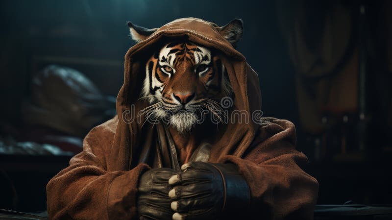A Tiger Wearing a Brown Robe is Sitting in a Dark Room Stock ...