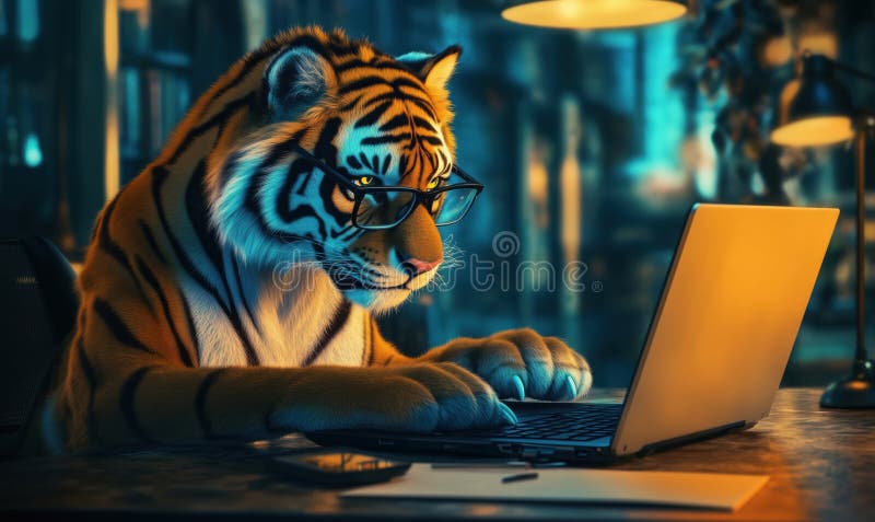 Tiger Wearing Glasses Working on Laptop in Library Setting Stock Image ...