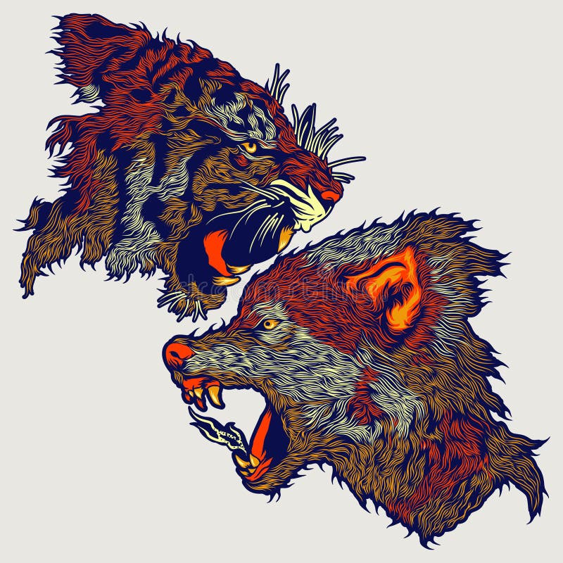 Tiger and wolf head stock illustration. Illustration of sketch - 161465135