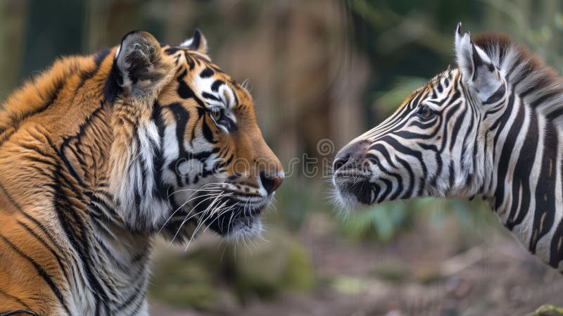Tiger and Zebra Face-to-Face Encounter Stock Illustration ...