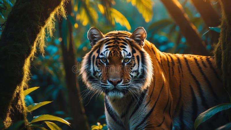 Tigers in Jungle with Warm Light and High Contrast. Stock Photo - Image ...