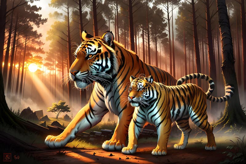 Tigers Standing Together in a Sunlit Forest, Symbolizing Strength and ...