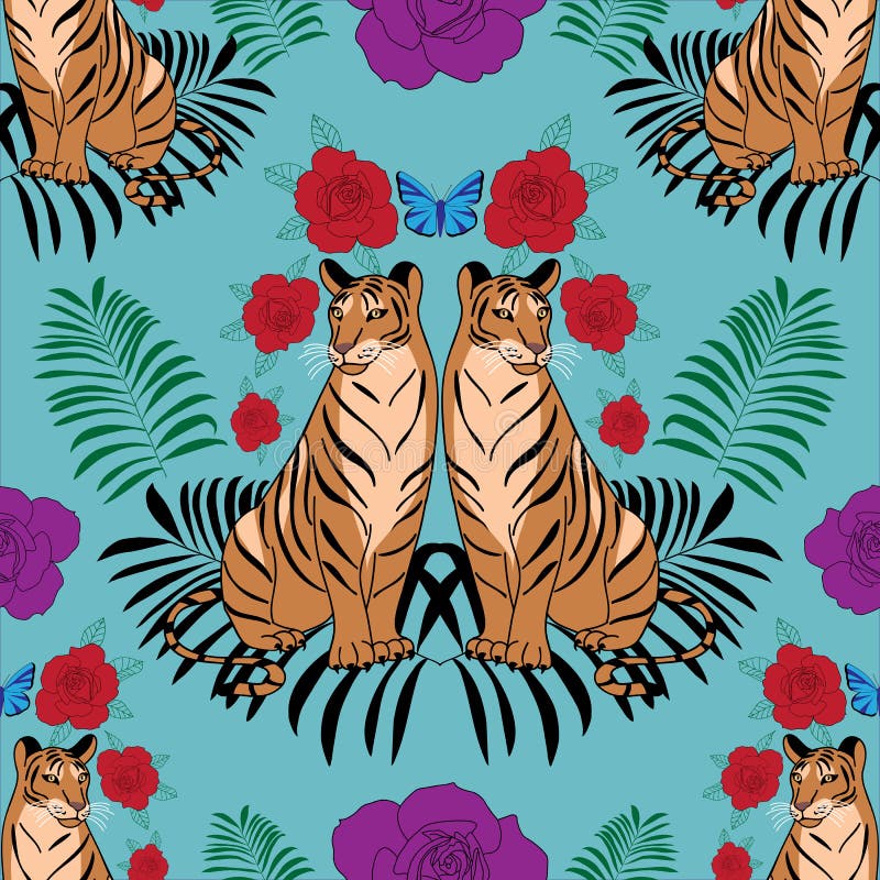 Tigers Vector Seamless Pattern Design, Blue Background Stock Vector ...