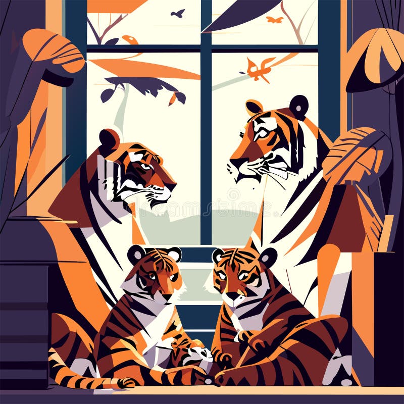 Tigers in the Window of a House. Vector Illustration in Flat Style Generative AI Stock Vector ...