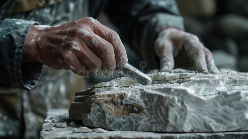 Tight Focus on a Sculptor Hands Chiseling Stone Capturing the Raw ...
