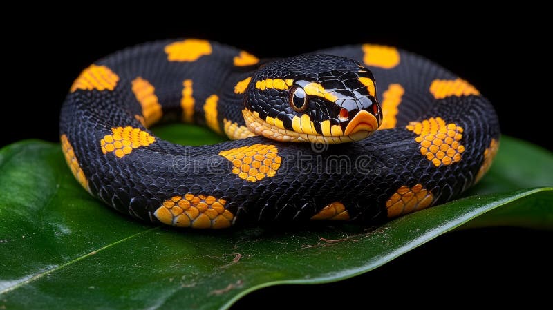 A Tight Frame Capturing a Black-and-yellow Snake on a Green Leaf ...