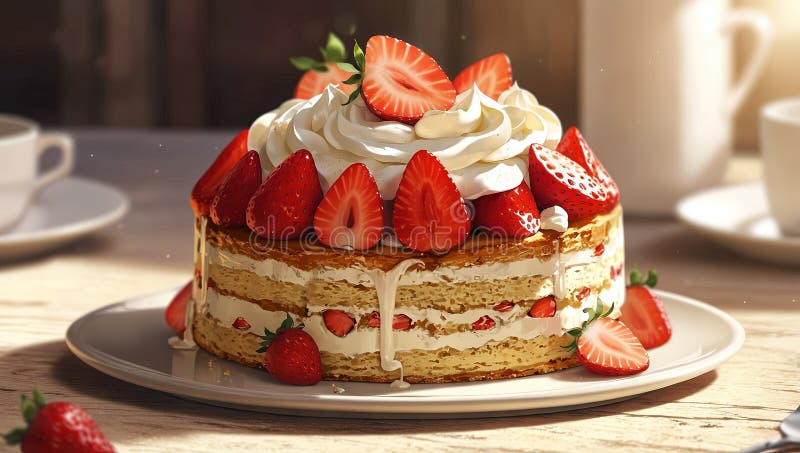 A Tight Shot of a Cake on a Plate, Adorned with Strawberries Atop and a ...