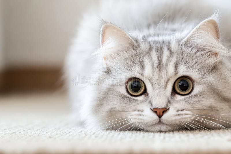 A Tight Shot of a Cat on the Floor, Its Head Lowered and Gaze Fixed on ...