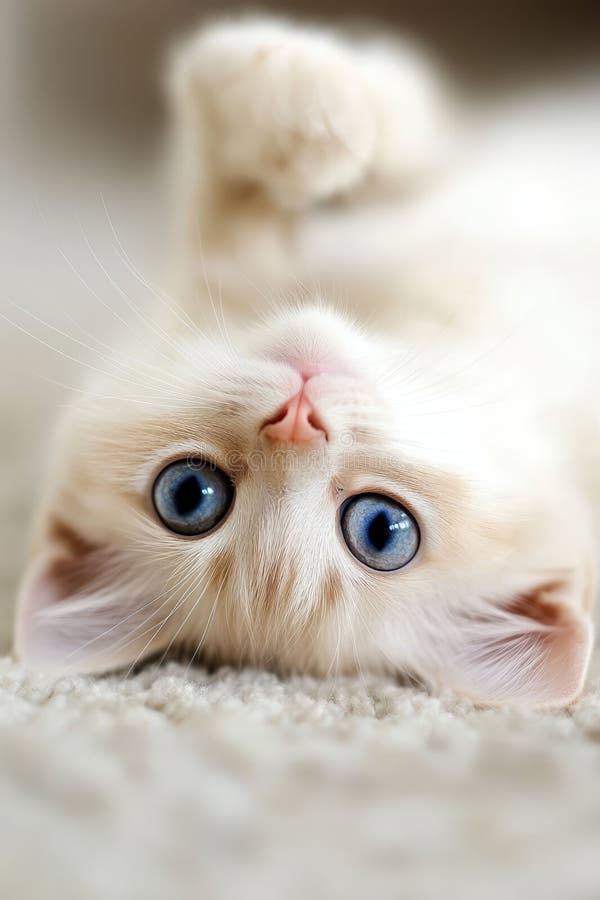 A Tight Shot of a Cat Reclining on Its Back on a Carpet, Paws Touching ...