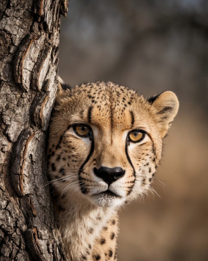 A Tight Shot of a Cheetah S Face Emerging from a Tree S Side. Stock ...
