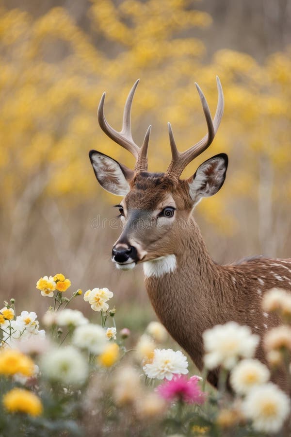 A Tight Shot of a Deer among Foreground Flowers , Backdrop of Blurred ...
