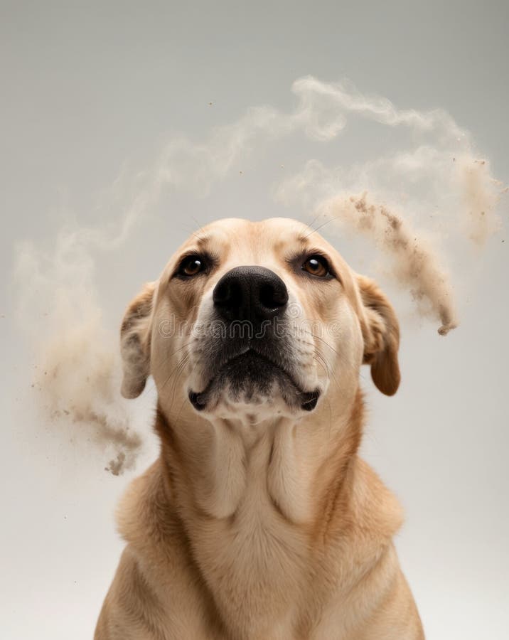 A Tight Shot of a Dog S Face Exuding Clouds of Dust. Stock Image ...