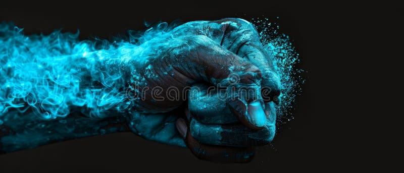 A Tight Shot of a Hand Grasping an Object, Blue Flames Erupting from ...