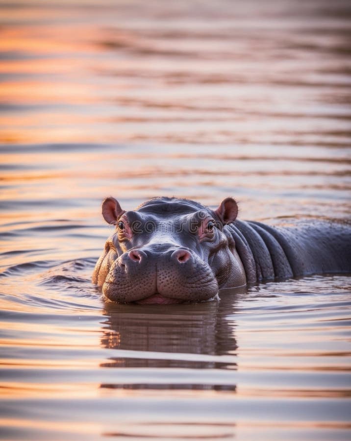 A Tight Shot of a Hippo Submerged in Water during Sunset. Stock Photo ...