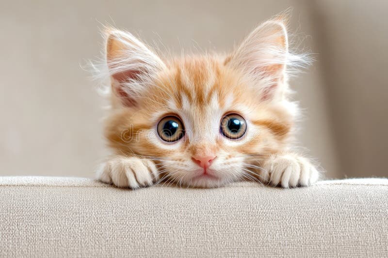 A Tight Shot of a Kitten on a Couch, Paws Reaching the Backrest, Gazing ...