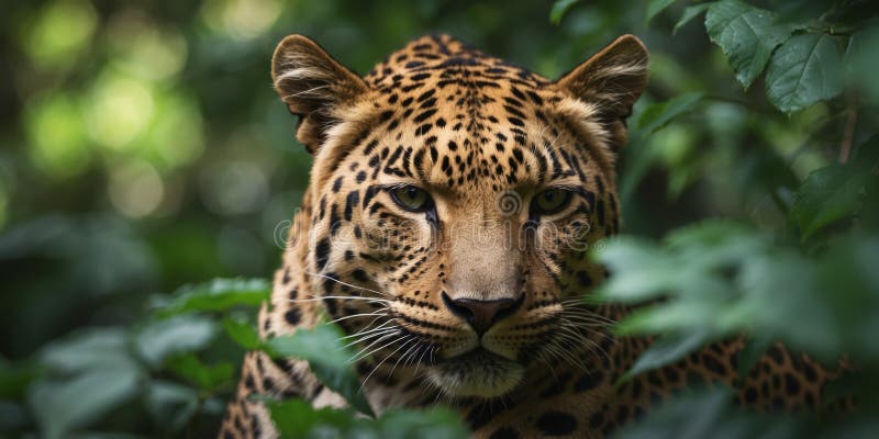 A Tight Shot of a Leopards Expressive Face, Framed by Green Leafy ...