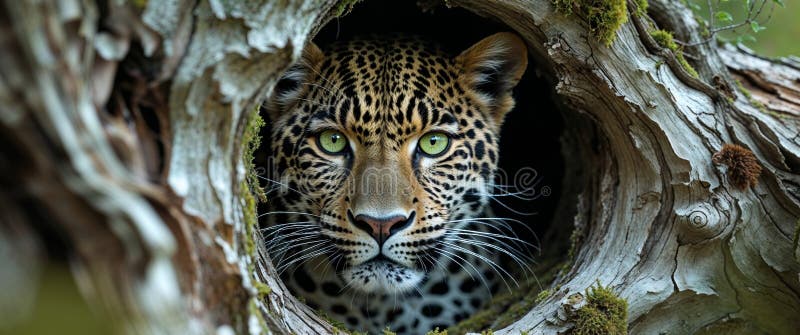 A Tight Shot of a Leopard S Face Emerging from a Tree Bark Hollow Stock ...