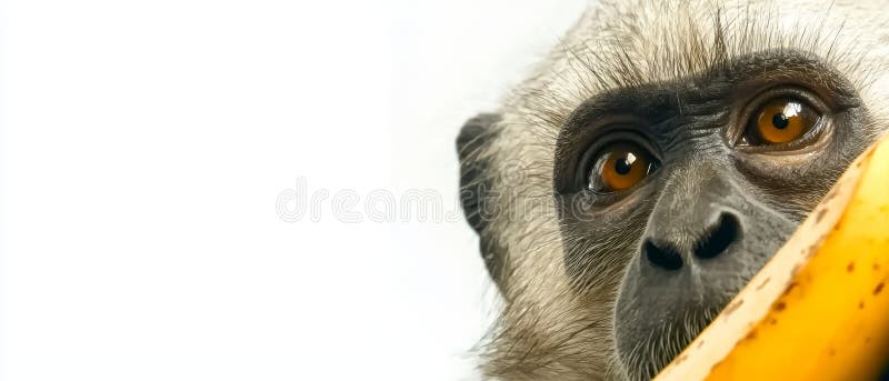 A Tight Shot of a Monkey Holding a Banana in Its Mouth Against a Plain ...