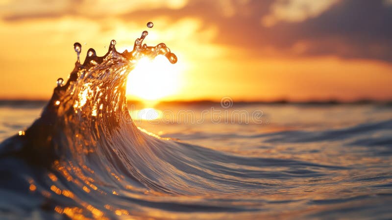A Tight Shot of a Ocean Wave, Sun Sinking in the Distance Behind ...