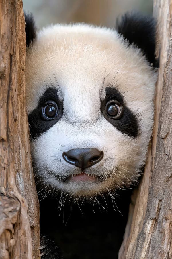 A Tight Shot of a Panda Bearing Its Head from Behind a Tree Trunk Stock ...