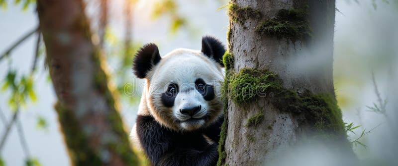 A Tight Shot of a Panda Bearing Its Head from Behind a Tree Trunk ...