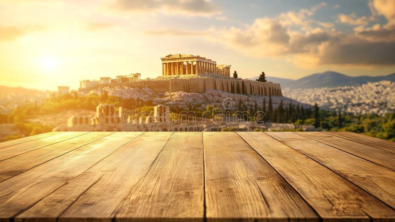 A Tight Shot of a Rustic Wooden Table, with the Ancient Acropolis of ...