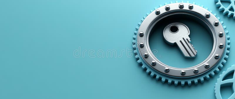 A Tight Shot of a Silver Gear and Keyring on a Blue Surface ...