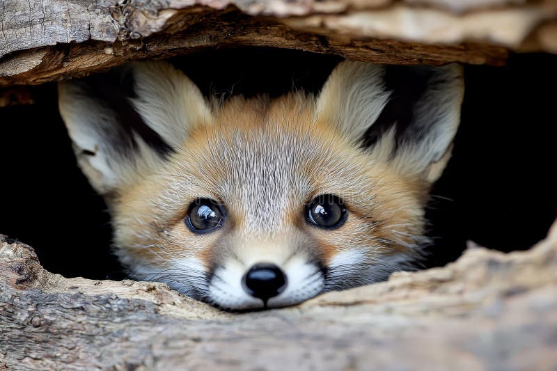 Tight Shot Small Fox Peering Tree Trunk Hole Widened Eyes Stock Photos ...