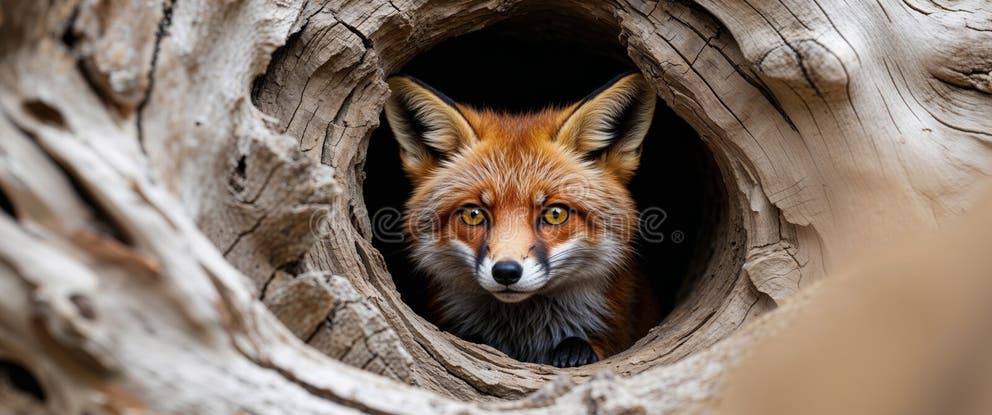 A Tight Shot of a Small Fox Peering from a Tree Trunk Hole with Widened ...