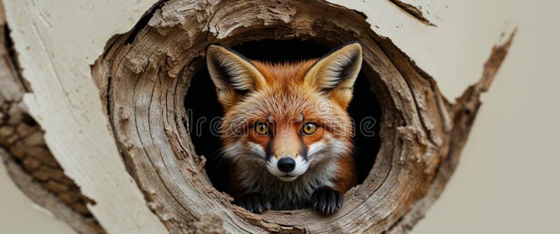 A Tight Shot of a Small Fox Peering from a Tree Trunk Hole with Widened ...