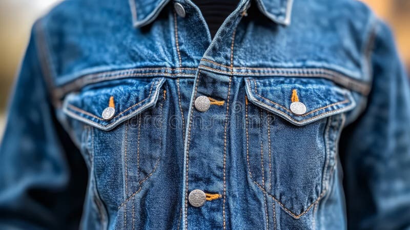 A Tight Shot of Someone in a Denim Jacket, Adorned with Buttons Running ...