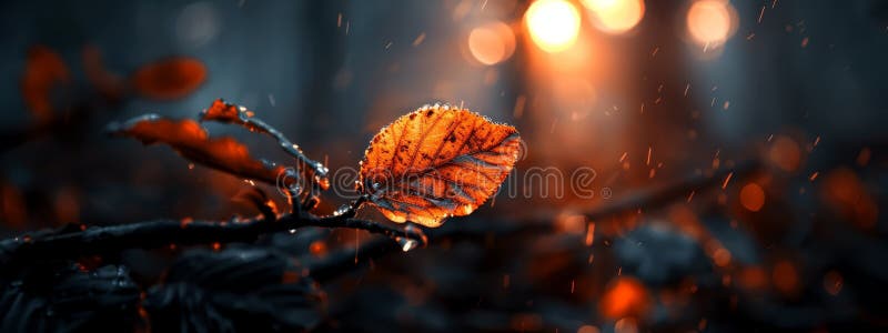 A Tight Shot of a Tree Leaf on a Branch, Street Light Casting a Glow ...