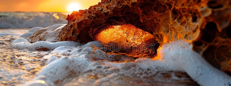 A Tight Shot of a Wave Emerging from a Sea Cave Against a Backdrop of a ...