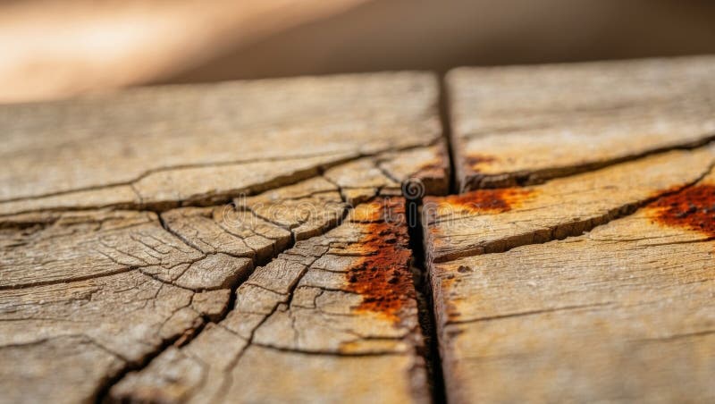 A Tight Shot of Weathered Wood with Cracks and Rust at Its Surface ...