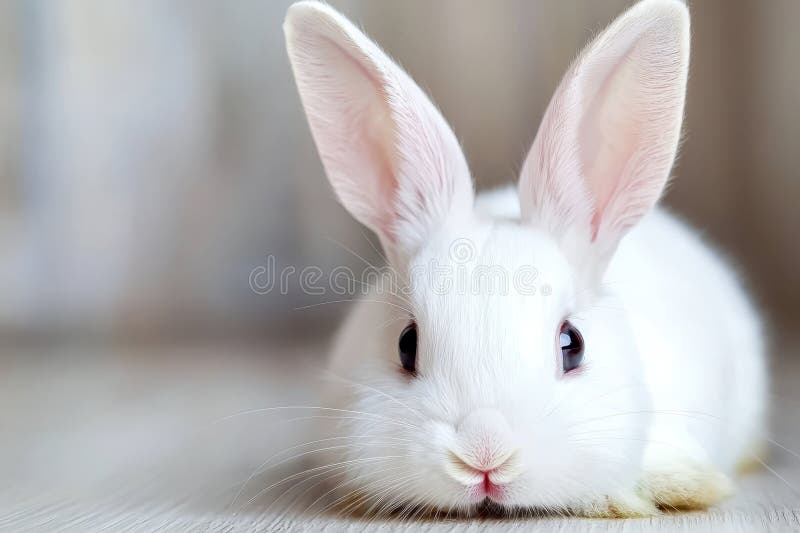 A Tight Shot of a White Rabbit on a Weathered Wood Floor, Eyes Bulging ...