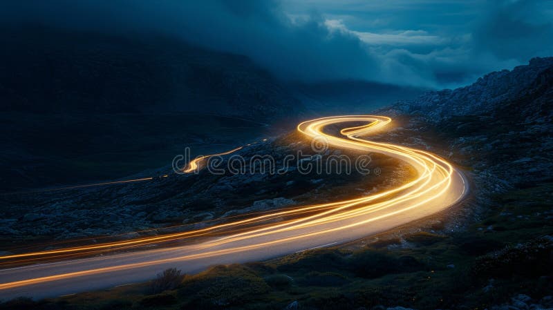 A Tight Turn on the Mountain Road with the Headlights of a Single Car ...