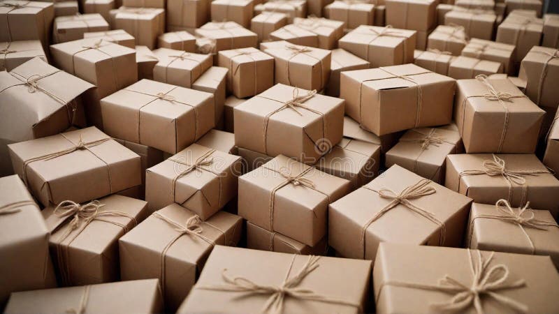 Tightly Packed Array of Rustic Brown Paper Packages Tied with Twine ...
