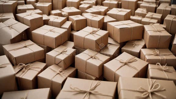 Tightly Packed Array of Rustic Brown Paper Packages Tied with Twine ...