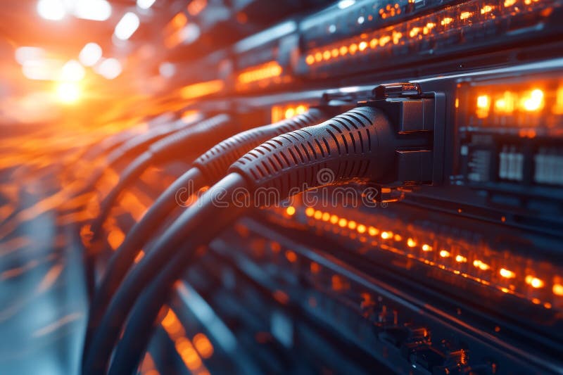 Tightly Packed Cables with Glowing Orange Lights in a Server Room ...