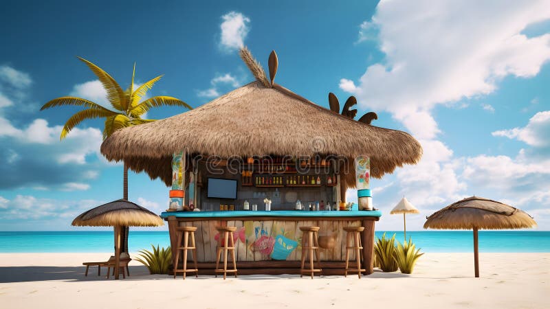 Tiki Bar on the Beach with a Palm Tree and a Blue Sky with Clouds in ...