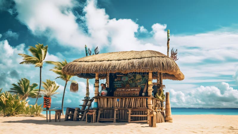 Tiki Bar on the Beach with a Palm Tree and a Blue Sky with Clouds in ...