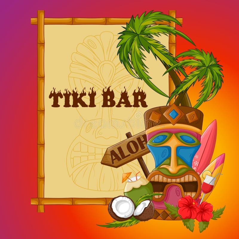 Tiki Bar Poster with Tribal Mask Stock Vector - Illustration of holiday ...