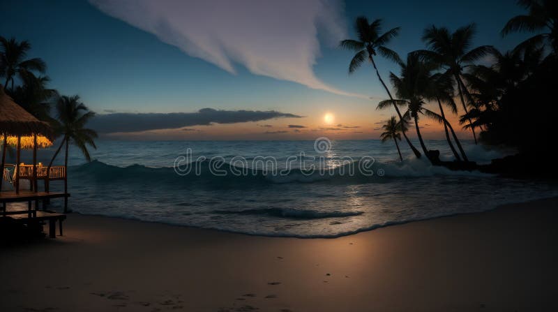 Tiki on the Beach at Sunset with Palms Stock Illustration ...