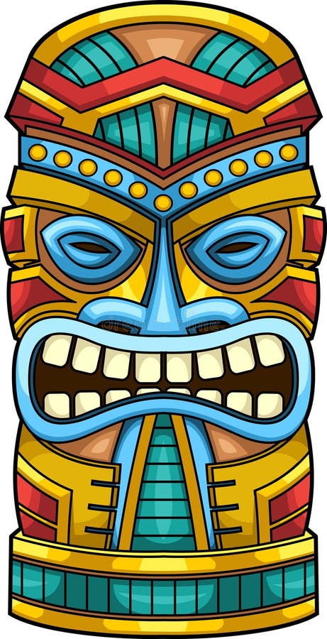 Regal Tiki Mask with Ornamental Gold Details and Tribal Carvings Stock ...