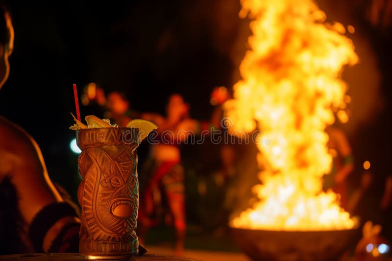 Tiki Glass with a Cocktail in Front of a Fire Dance Performance Stock ...