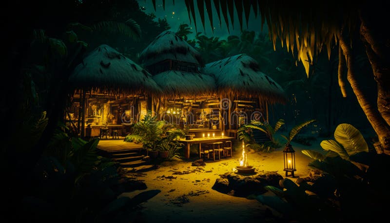 Tiki Hut Lit Up at Night in the Jungle Generative AI Stock Illustration ...