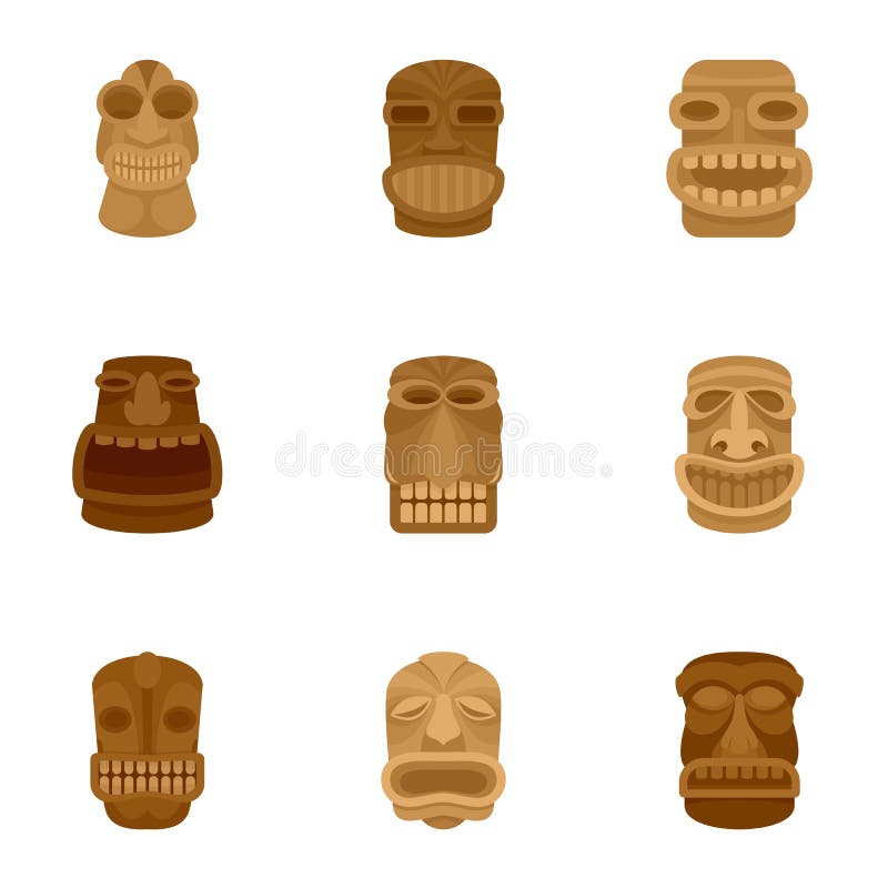 Tiki Idol Icon Set, Flat Style Stock Vector - Illustration of ...