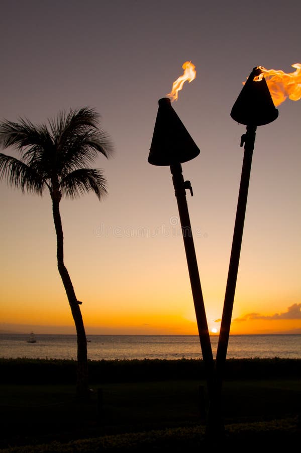 Tiki Torch and Palm in Sunset Stock Photo - Image of destination, beach ...